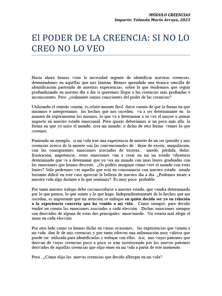 El Poder de La Creencia. Si No Lo Creo, No Lo Veo | PDF | Experiencia | Las emociones