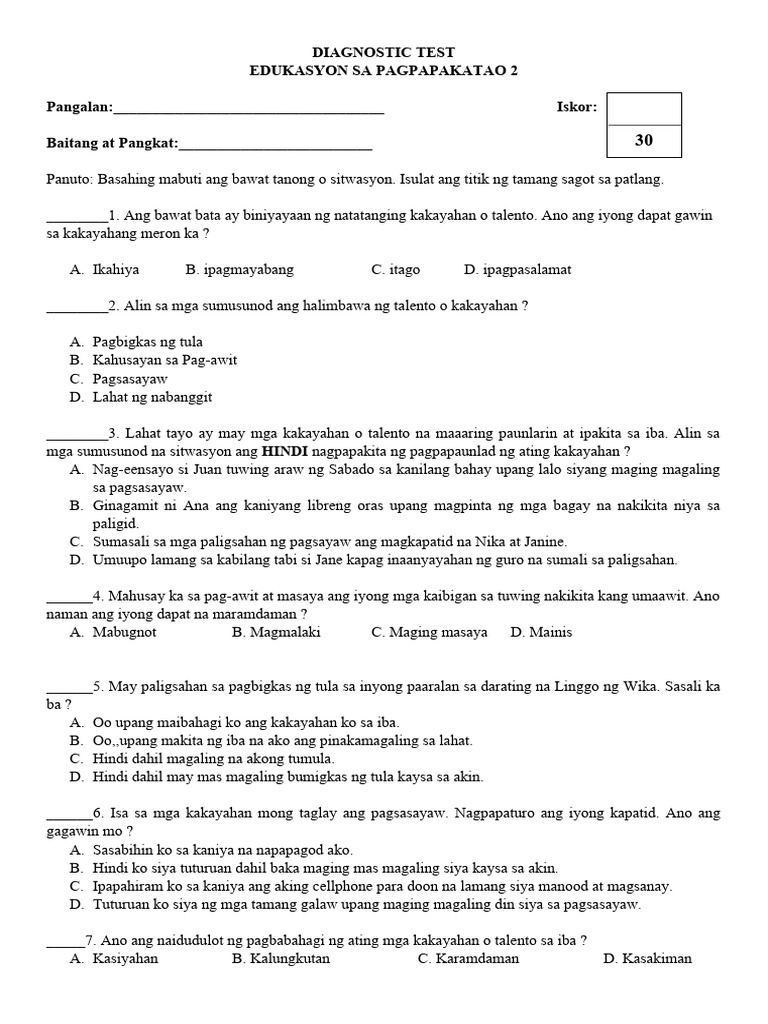 ESP Diagnostic Test | PDF