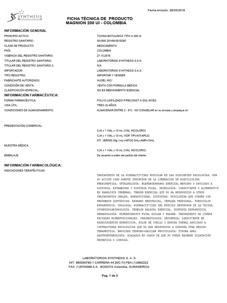 Magnion 200 Ui Ficha Tecnica | PDF | Distonia | Toxina botulínica