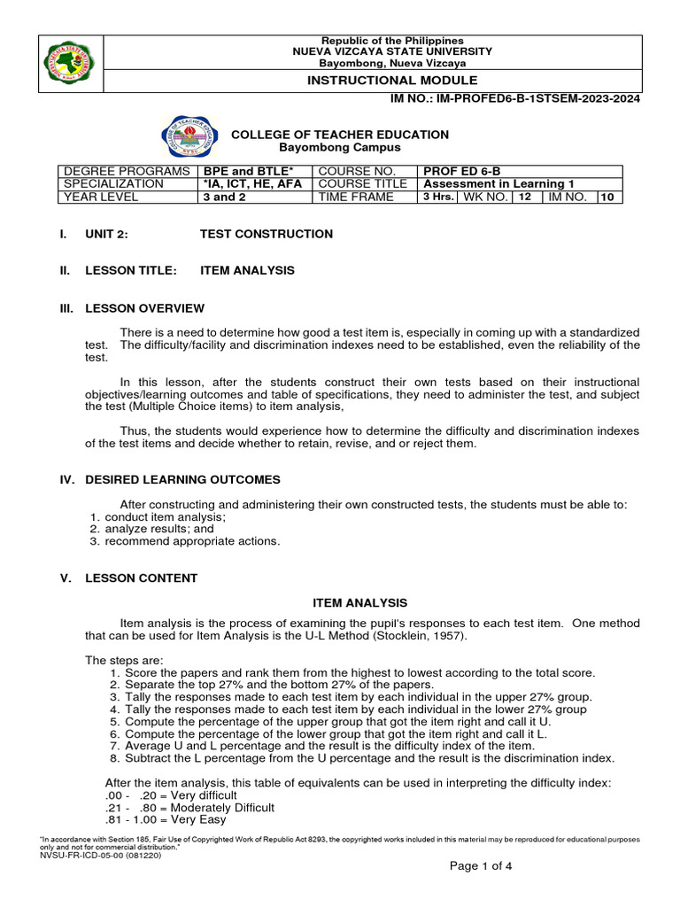 AL1-Module10-Item Analysis | PDF | Multiple Choice | Fair Use