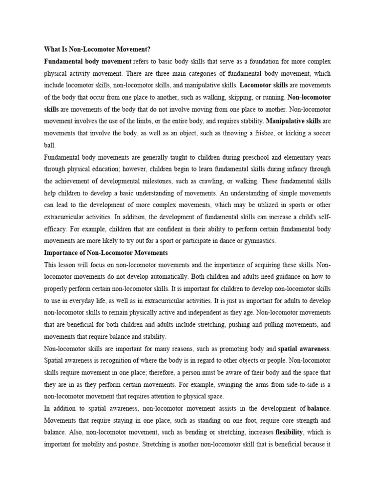 Locomotor and Nonlocomotor | PDF | Balance (Ability) | Flexibility ...