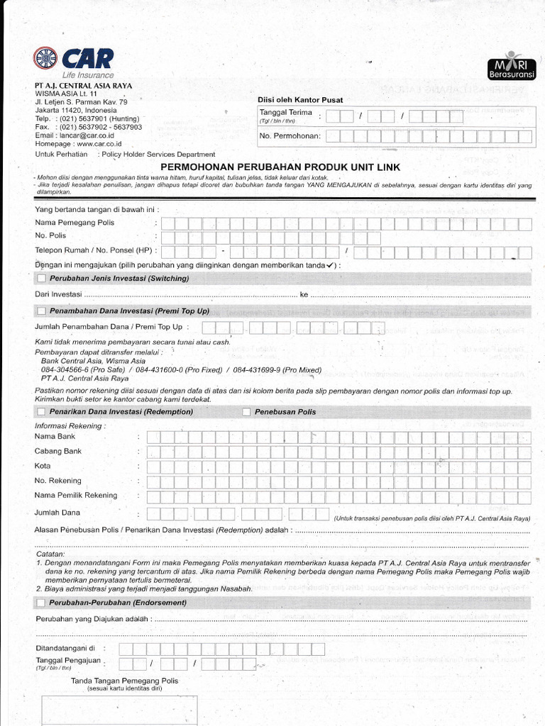 Form Perubahan Unit Link | PDF