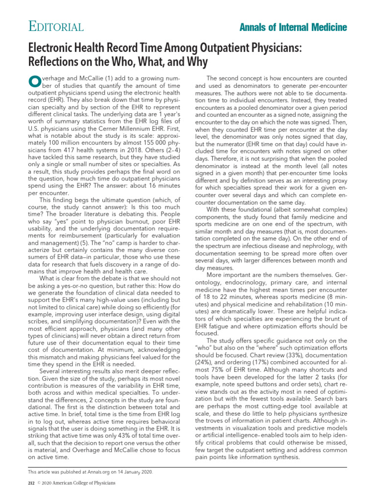 EHR Time Analysis for Outpatient Physicians | PDF | Electronic Health ...