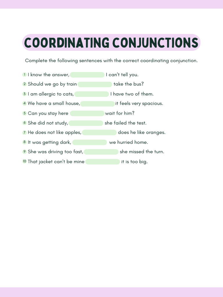 Coordinating Conjunction Exercises | PDF | Language Arts & Discipline