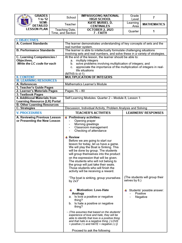 Math-7 Lesson-Plan Final | Download Free PDF | Multiplication | Learning