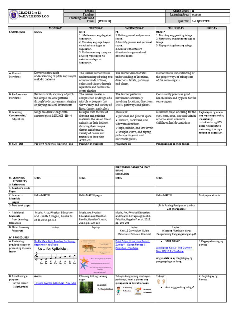 DLL - Mapeh 2 - Q2 - W3 | PDF | Learning | Cognition