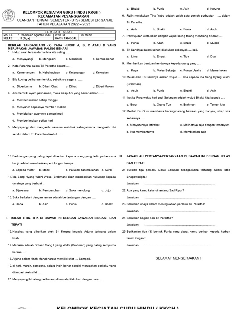 Soal Uts Agama Hindu Kelas 3 | PDF