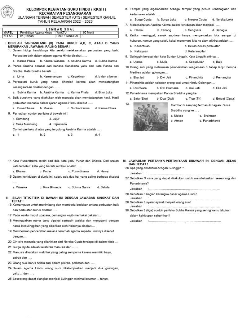Soal UTS Agama Hindu Kelas 4 SD | PDF