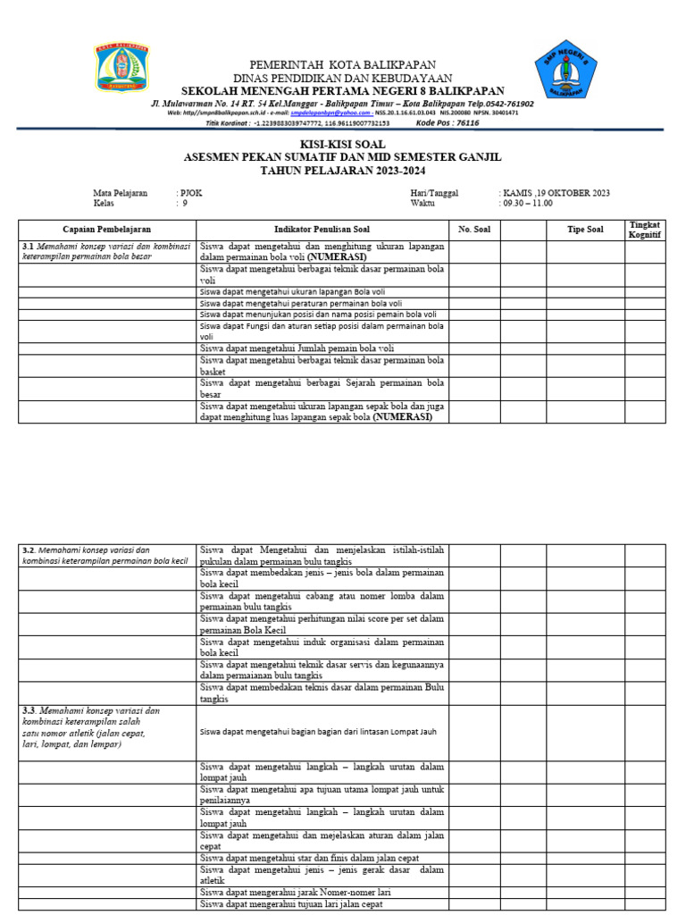 Format Kisi-Kisi Pekan Sumatif Pjok Kelas 9 Dan Mid Semester Ganjil 2023-2024 | PDF