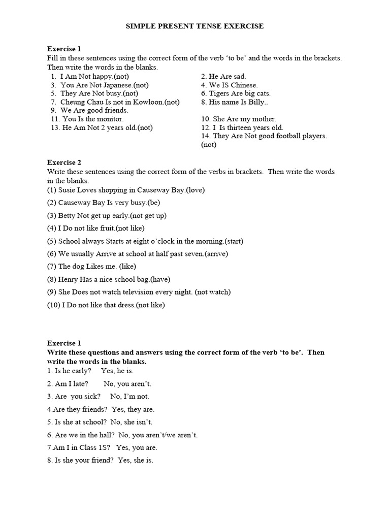 Tugas SIMPLE PRESENT TENSE EXERCISE Moch Habibi | PDF | Linguistic ...