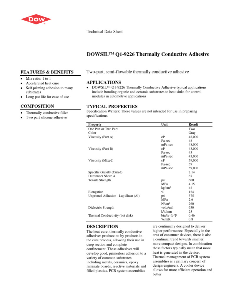 DOWSIL+Q1-9226+Thermally+Conductive+Adhesive+TDS EN | PDF | Adhesive ...