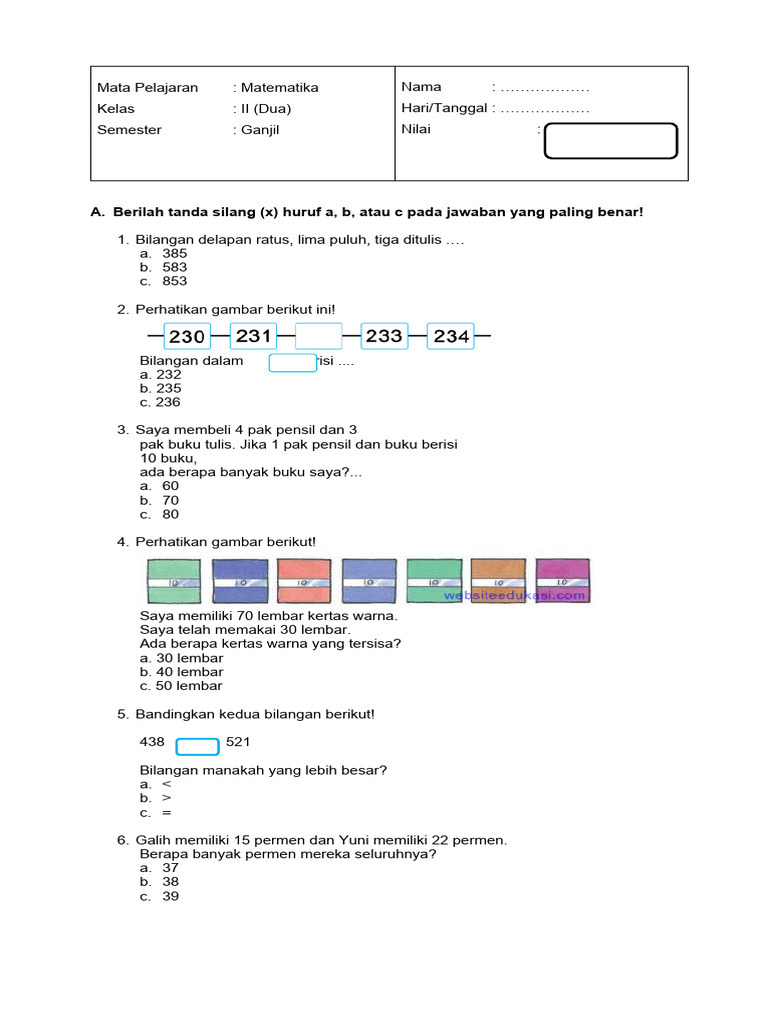 Soal SAS MTK Kelas 2 | PDF | Griya & Taman