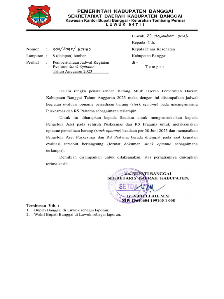 Surat Pemberitahuan Stock Opname Puskesmas 2023 | PDF