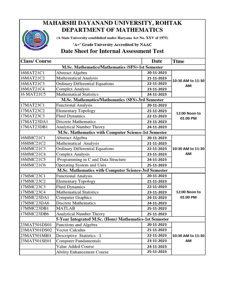 Date Sheet Internal Assessment-1 | PDF | Mathematical Analysis | Mathematics