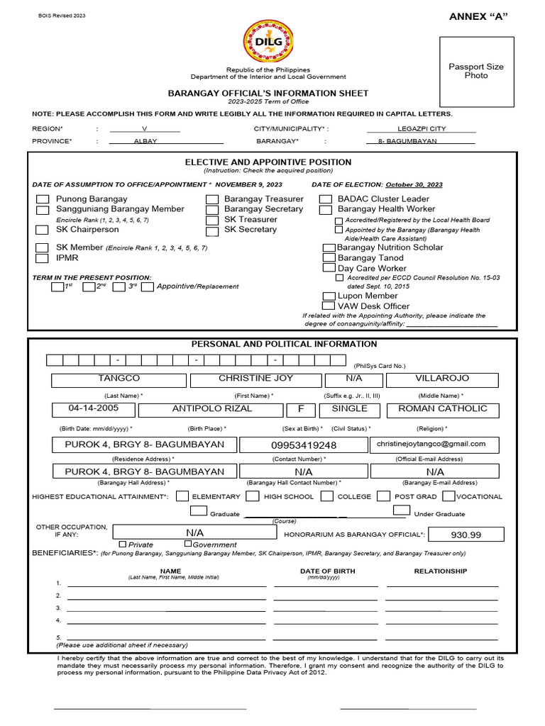 11.08.23 Annex A BOIS Form Revised 2023 Tine | PDF