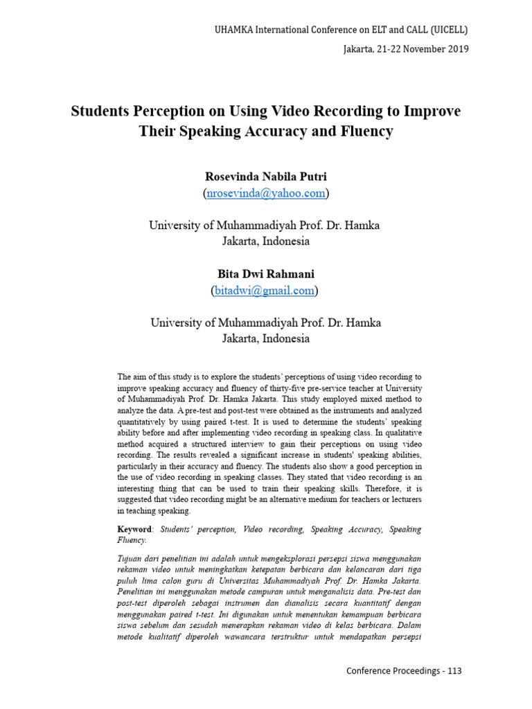 Students Perception On Using Video Recording To Improve Their Speaking Accuracy and Fluency ...