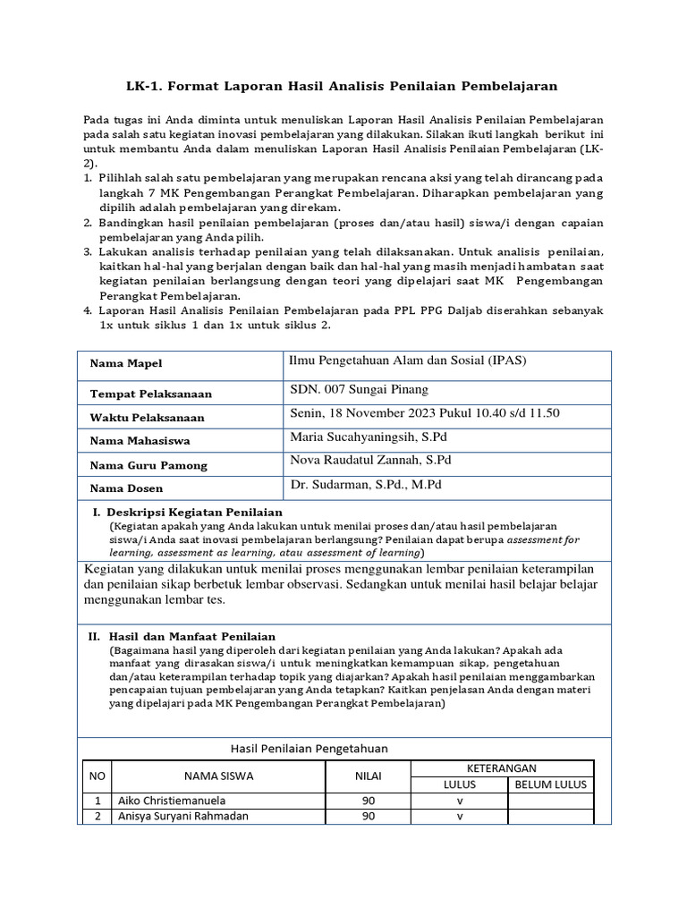 Laporan Analisis Penilaian Pembelajaran | PDF