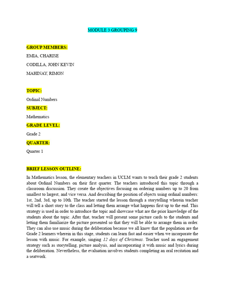 Grade 2 Lesson on Ordinal Numbers | PDF