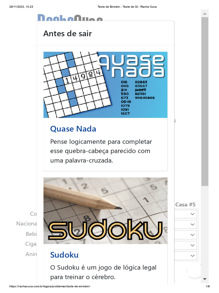 Teste de Einstein - Teste de QI - Racha Cuca | PDF | Aprendizado | Lógica