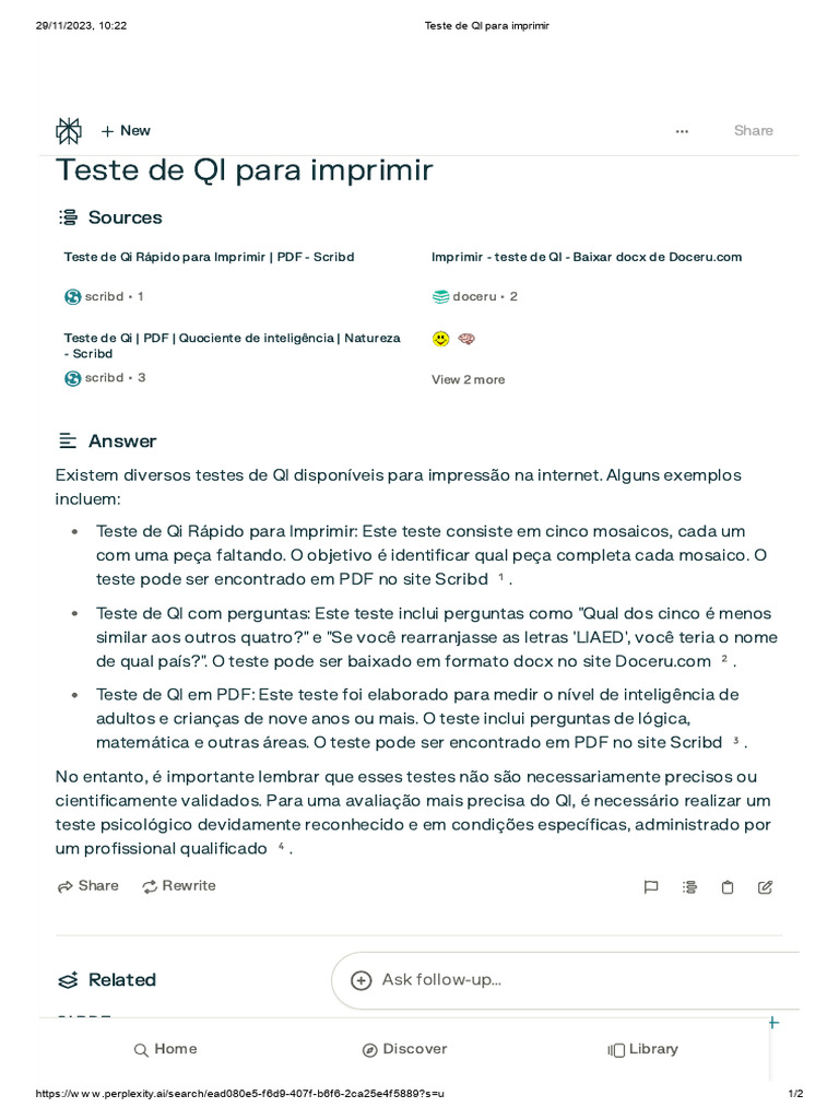 Teste de QI para Imprimir | PDF | Quociente de inteligência | Inteligência