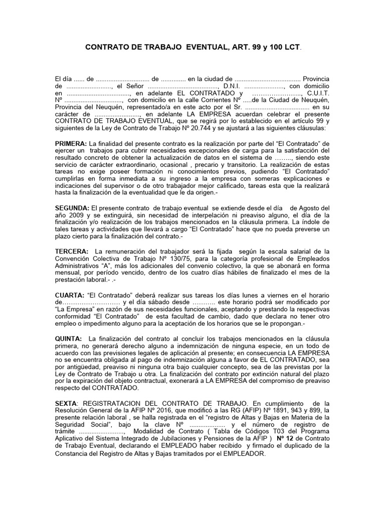 Modelo de Contrato Eventual | PDF | Derecho laboral | Salario