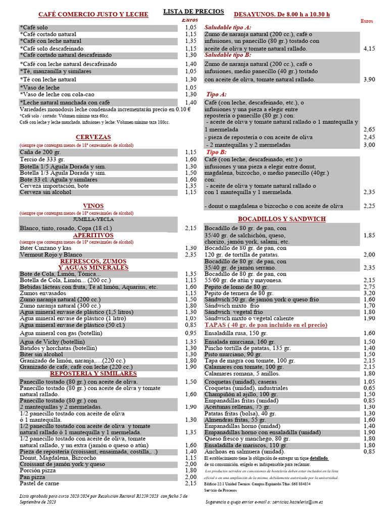 Lista de Precios Bar 2023 | PDF | café | Panes