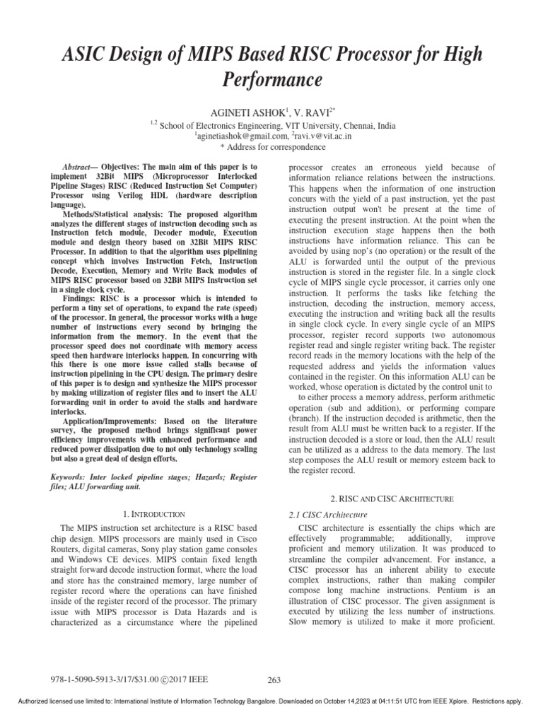 ASIC Design of MIPS Based RISC Processor For High Performance | PDF | Central Processing Unit ...
