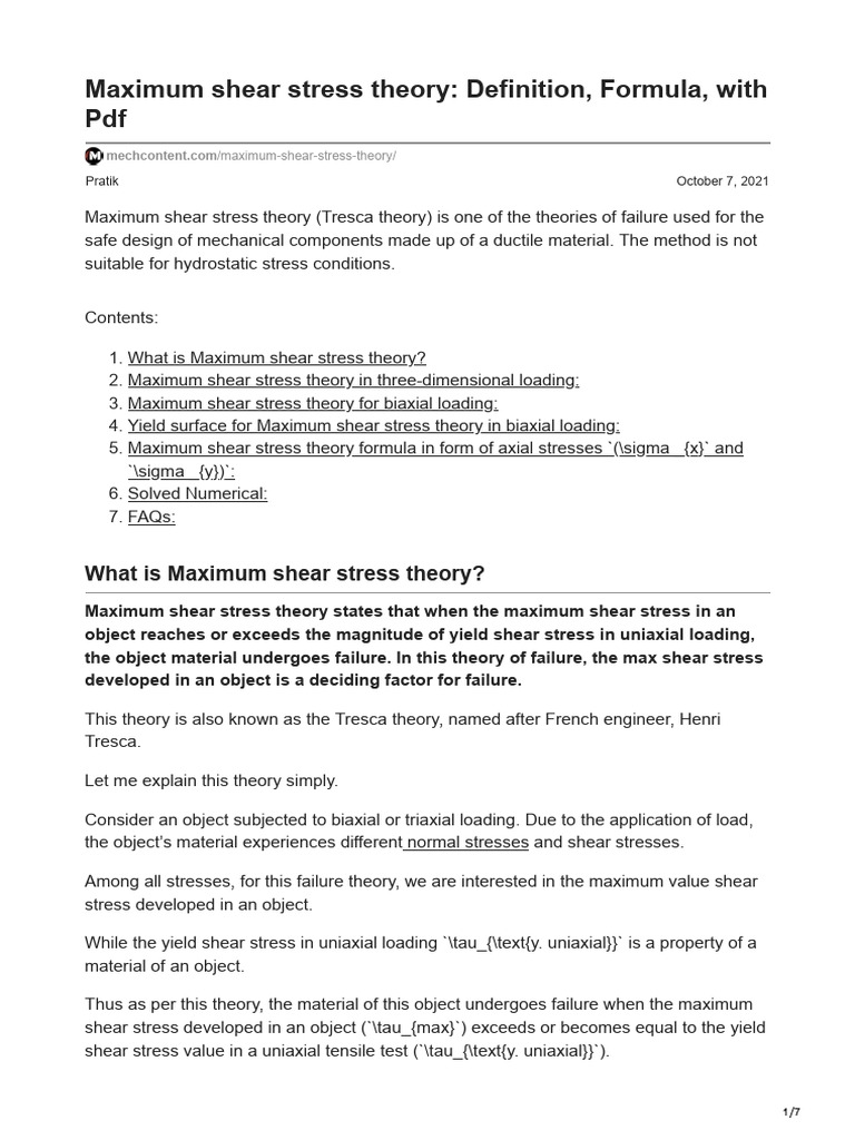 Maximum Shear Stress Theory Definition Formula With PDF | PDF | Stress ...