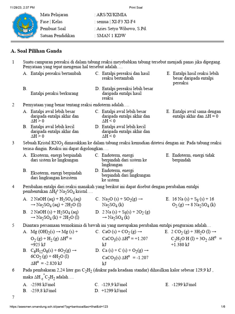 Soal Ujian Kimia Kelas XI SMAN 1 KDW | PDF