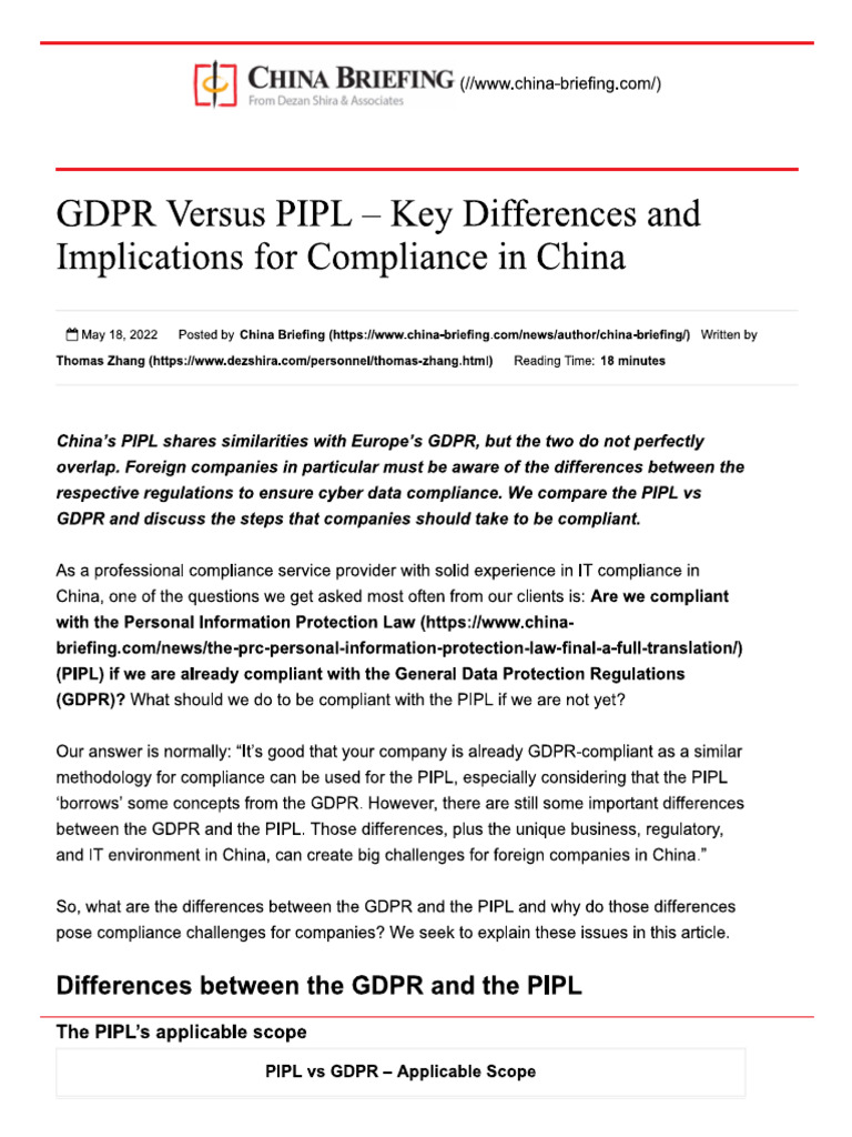 GDPR Versus PIPL - Key Differences and Implications For Compliance in ... GDPR Versus PIPL - Key Differences and Implications For Compliance in ...