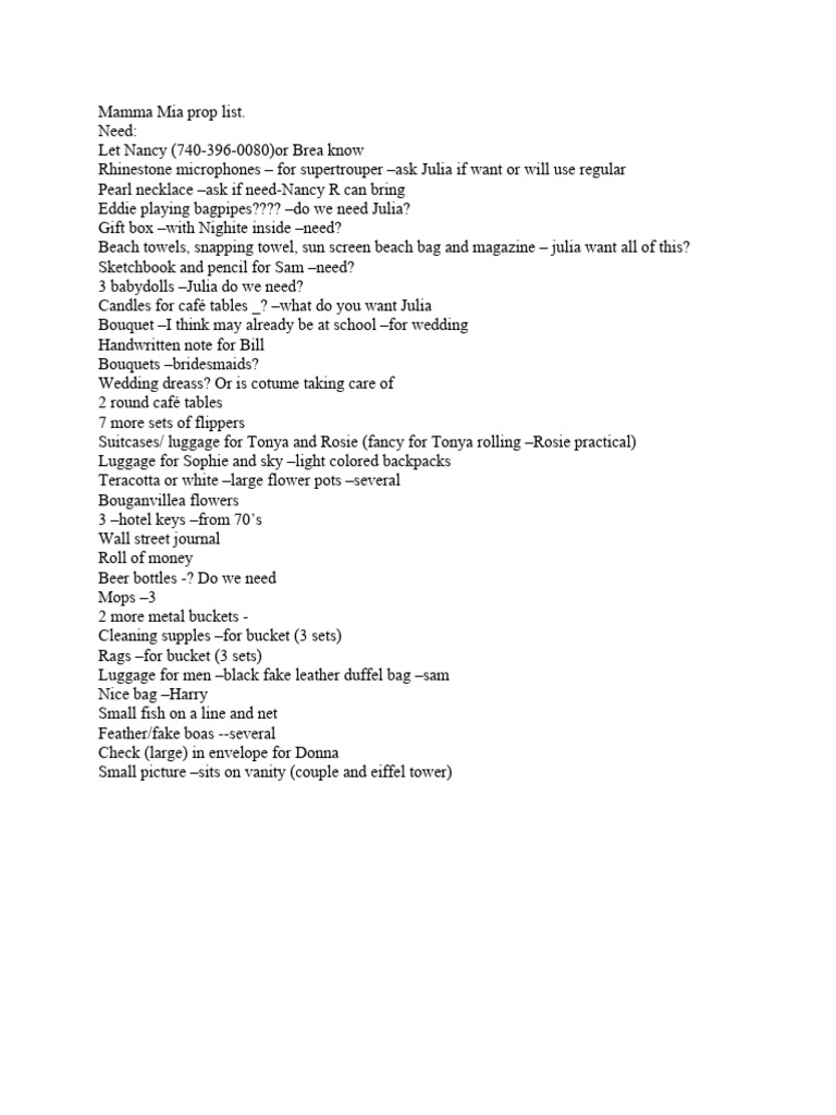 Mamma Mia Prop List | PDF