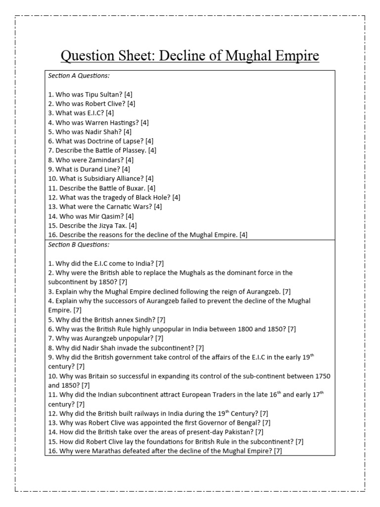Question Sheet - Decline of Mughal Empire | Download Free PDF | British ...