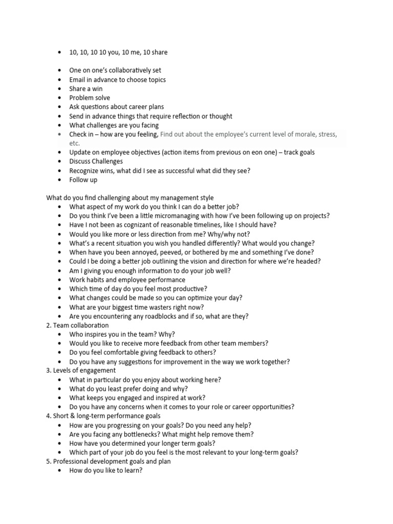 One On One Staff Meeting Questions | PDF | Goal | Experience