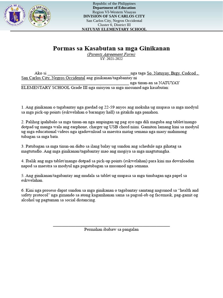 Pormas Sa Kasabutan 2021-2022 | PDF
