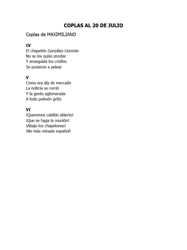 Coplas Al 20 de Julio Maximiliano | PDF