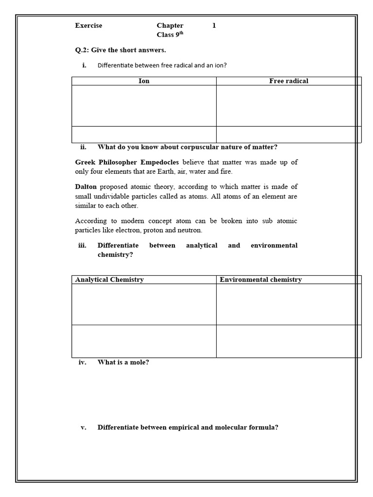 Exercise Chapter 1 Class 9th | PDF | Molecules | Mole (Unit)
