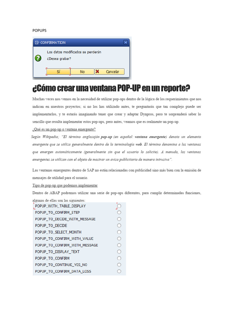 Tipos de Pop-Ups en ABAP | PDF | Ventana (informática) | Tecnologías de la información