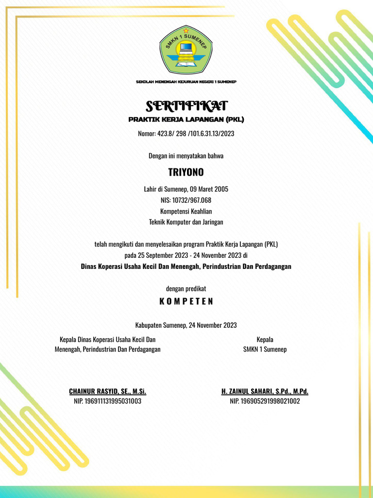 Sertifikat PKL TRIYONO | PDF