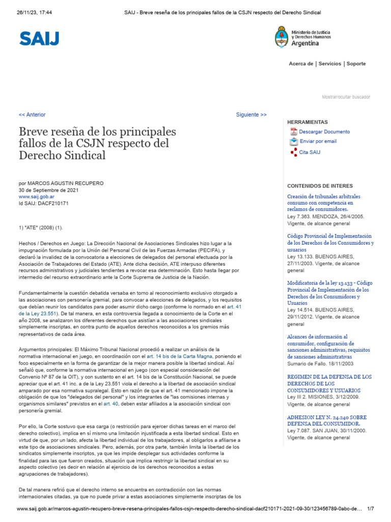 SAIJ - Breve Reseña de Los Principales Fallos de La CSJN Respecto Del ...
