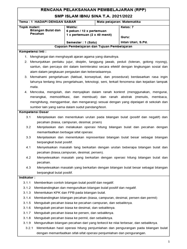 RPP MATE TEMA 1 K7 TA 2022-2023 - Hadapi Dengan Sabar | PDF | Karier & Perkembangan