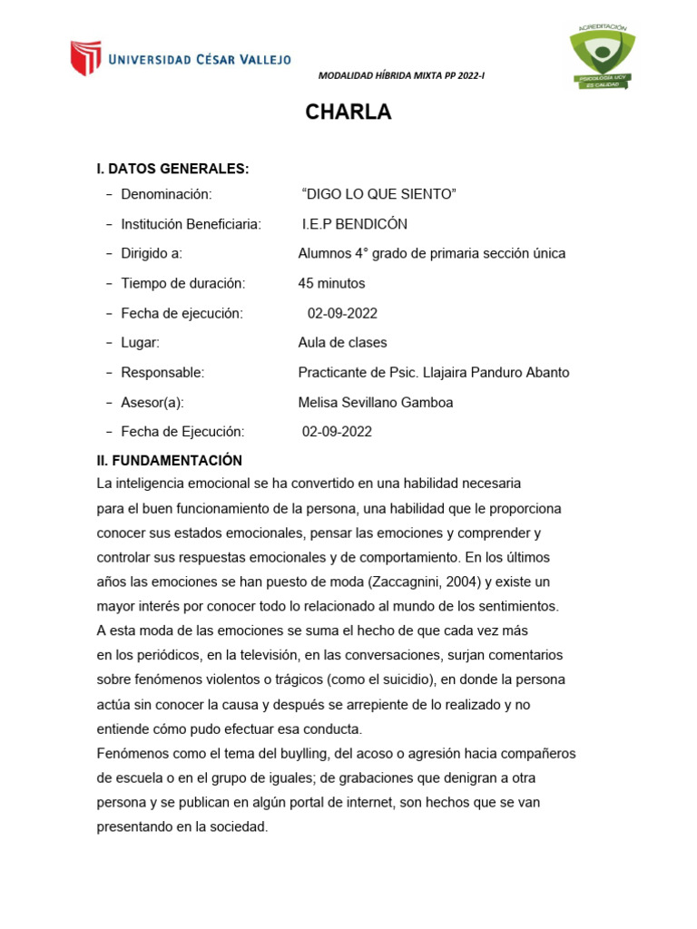 Charla 4 - Digo Lo Que Siento | Descargar gratis PDF | Las emociones | Conceptos psicologicos