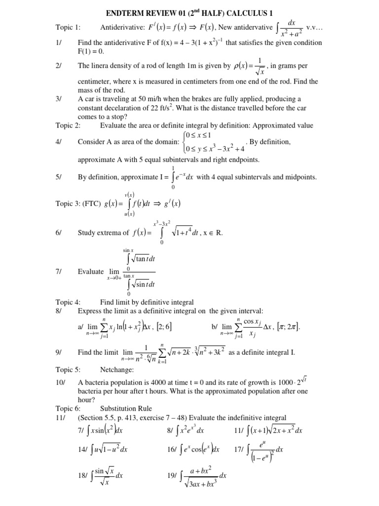 0 A Cal1 191 Endterm Review 01 | PDF | Integral | Mathematical Analysis