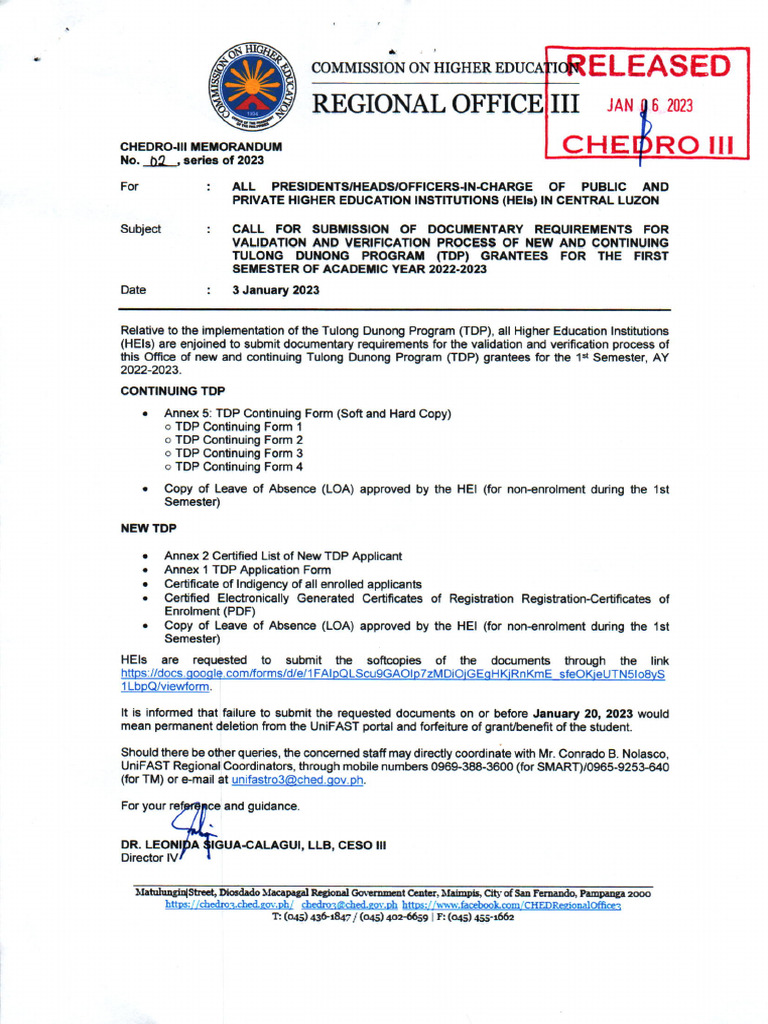 CHEDRO III MEMORANDUM No. 002 Series of 2023 | PDF