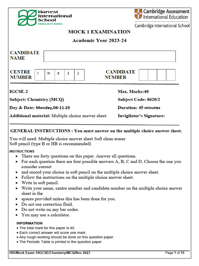 Mock-1 0620 - 2 IGCSE MCQ - Nov-23 | PDF