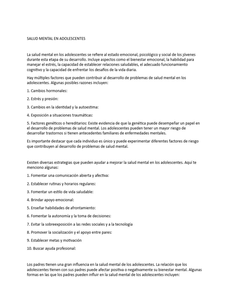 Salud Mental en Adolescentes: Claves y Estrategias | PDF | Salud mental ...