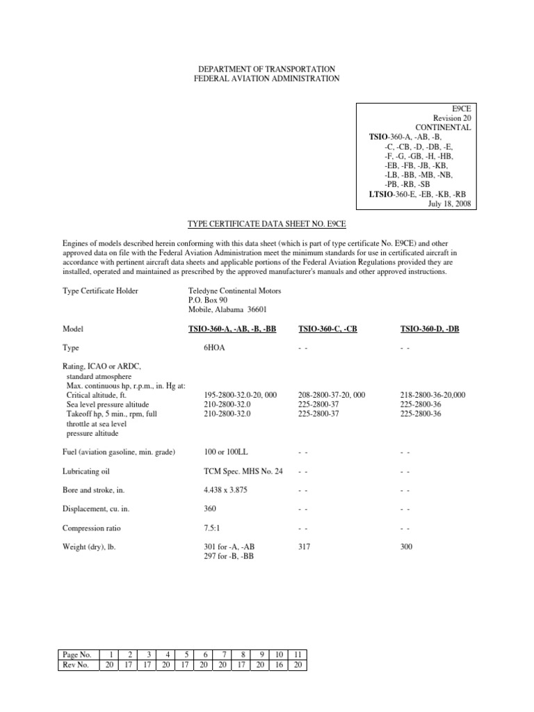 FAA Type Certificate E9CE for TSIO-360 Engines | PDF | Fuel Injection ...