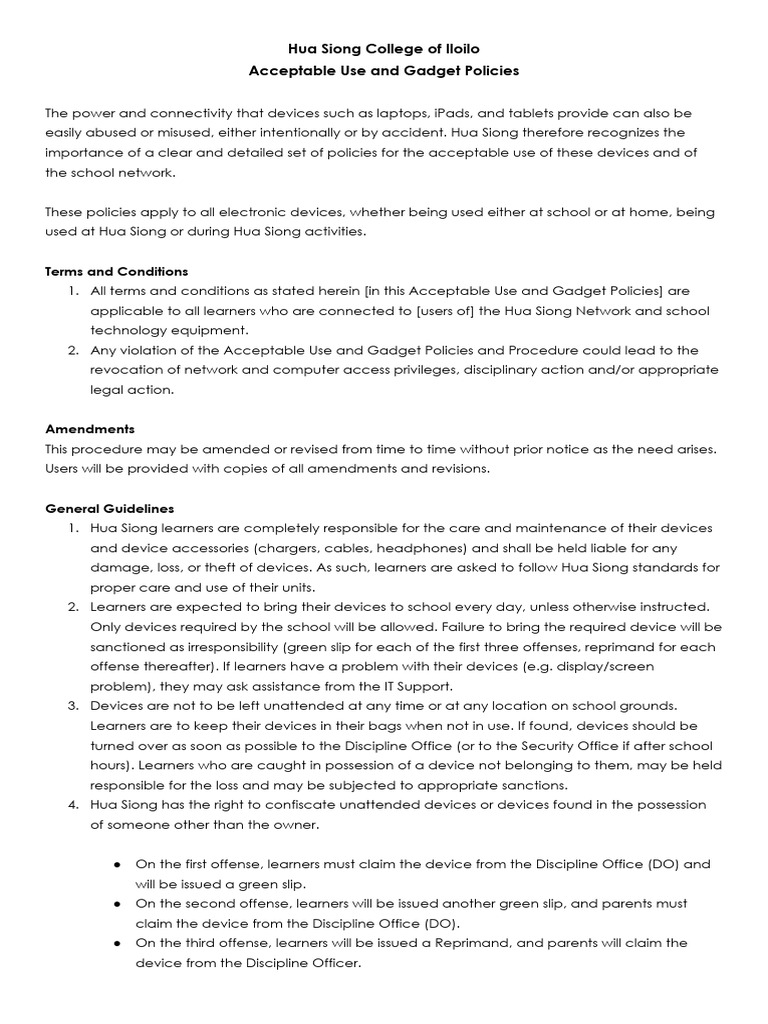 Acceptable Use and Gadget Policies | PDF | Instant Messaging | World ...