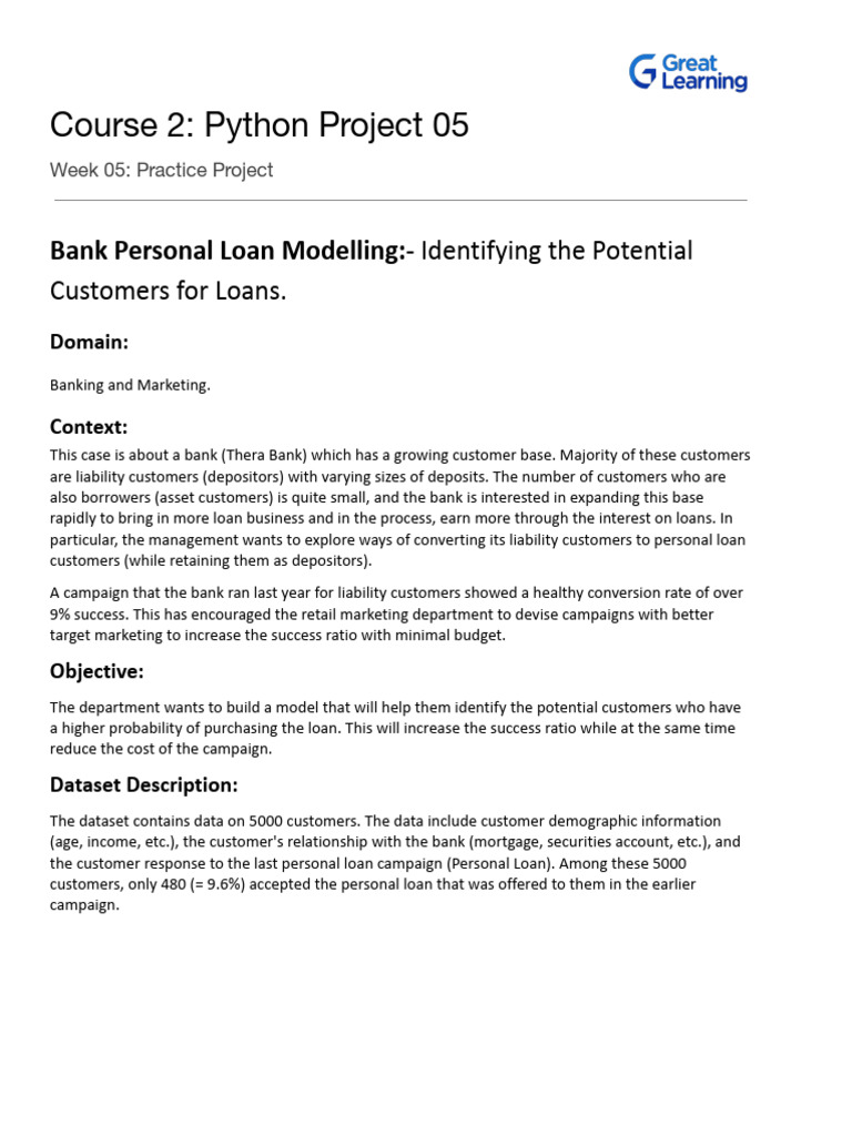 C2 - WK05 - Python Project 5 - Problem Statement | PDF | Loans | Banks
