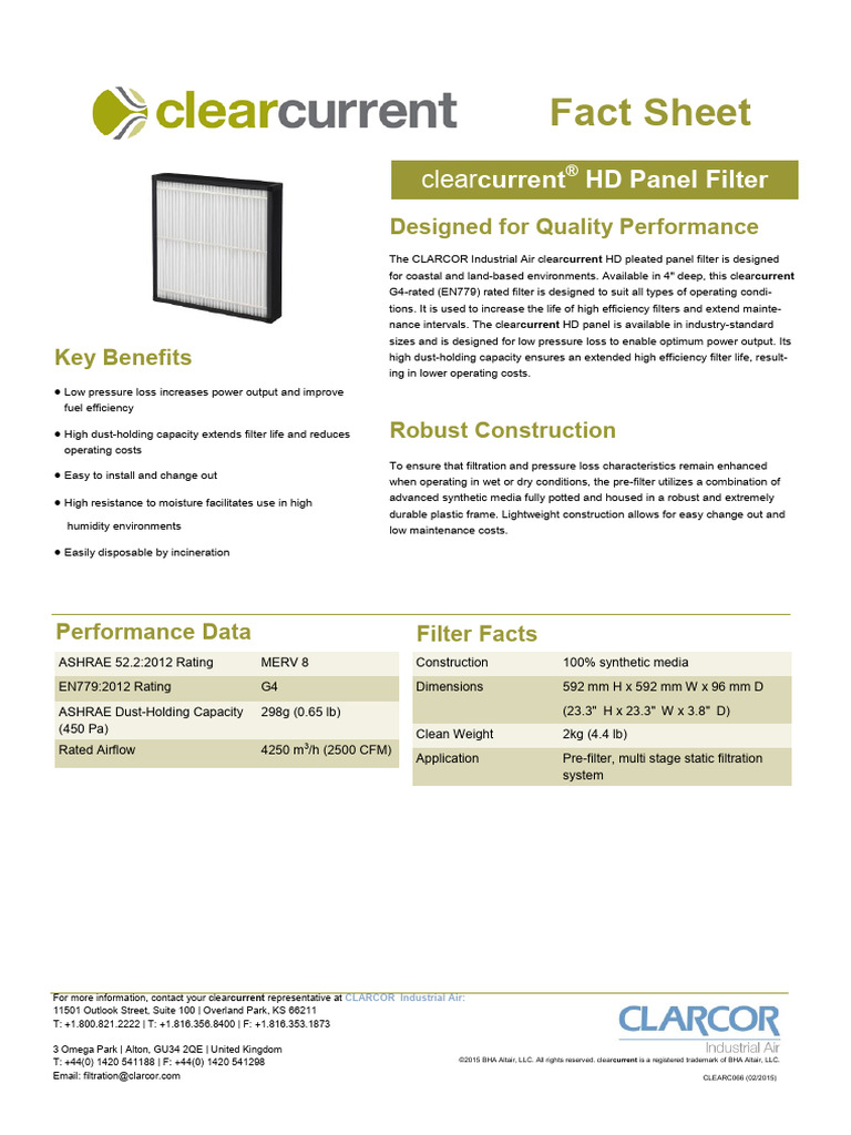 CLEARC066 Clearcurrent HD Panel Filter Fact Sheet | PDF | Physical Sciences | Materials