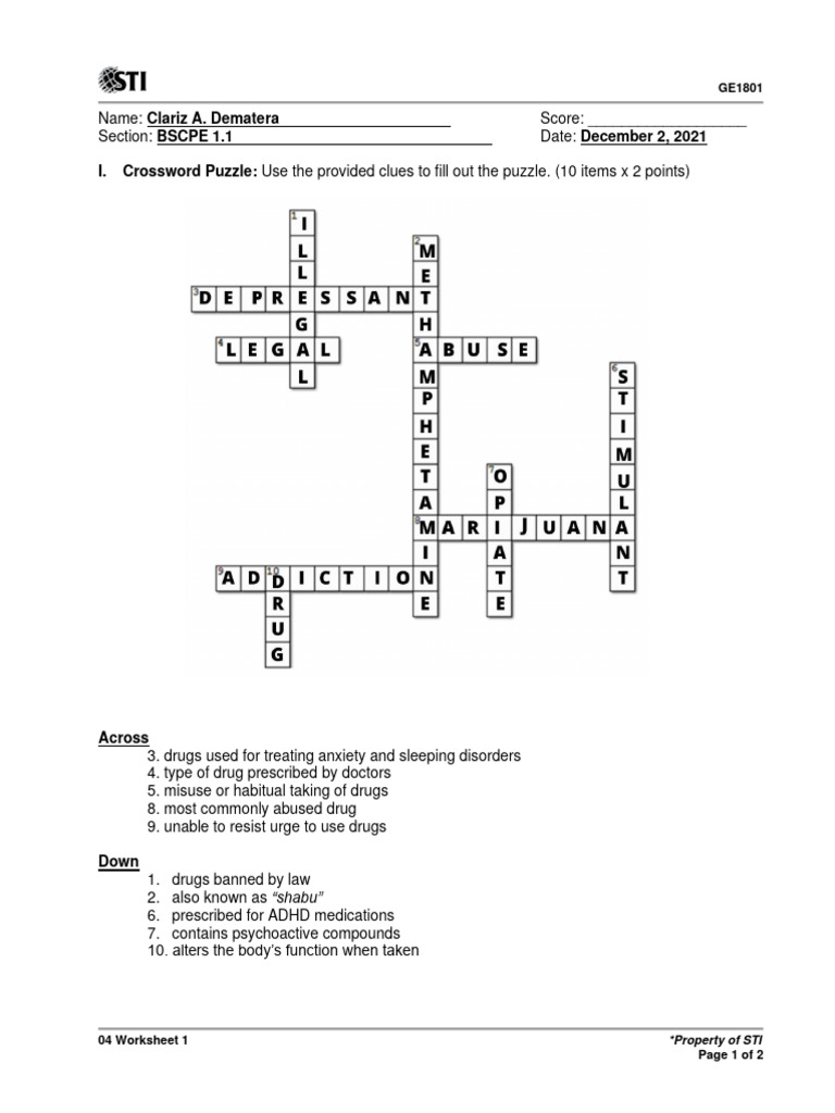 04 Worksheet Clariz-A.-Dematera | PDF | Drugs | Substance Abuse